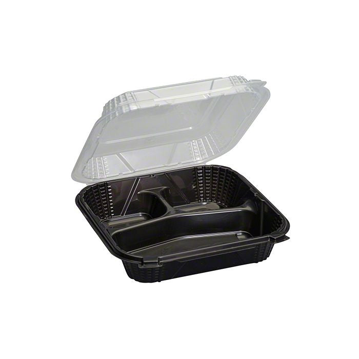 Genpak PV203, 9 1/4" x 9 1/8" 3-Compartment ProView Plastic Hinged Tak ...